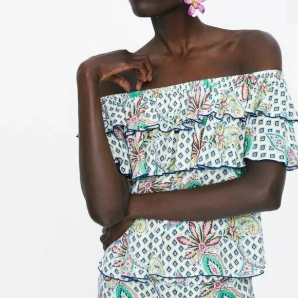 Zara | Tops | Zara Floral Paisley Off The Shoulder Tiered Ruffle Blouse ...